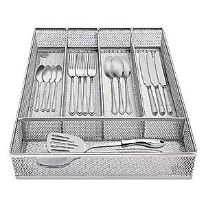 LUOOV 5 Compartment Mesh Small Cutlery Tray with Foam Feet - Kitchen Organization/Silverware Storage Kitchen Utensil Flatware Tray (Silver)