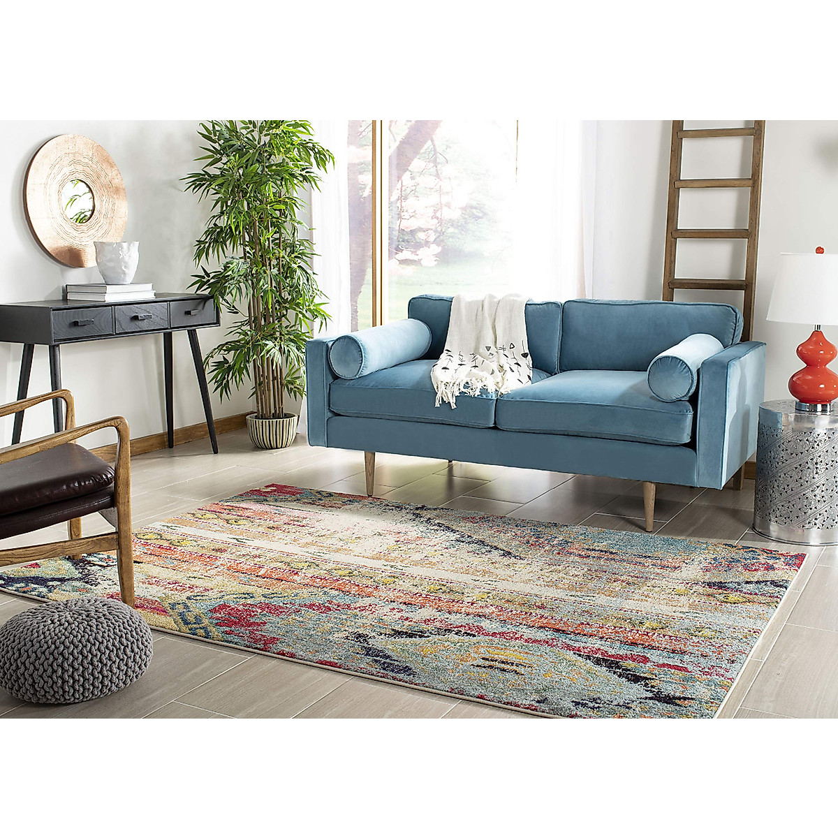 SAFAVIEH Monaco Collection Area Rug - 6'7" x 9'2", Multi, Boho Chic Tribal Distressed Design, Non-Shedding & Easy Care, Ideal for High Traffic Areas in Living Room, Bedroom (MNC222F)