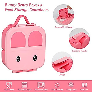 Portable Bento Boxes - Plastic Pink Lunch Box Daycare for Kids, Bento Snack Box for Toddlers Silicone Bento Box Travel Snack Containers for School, 4 Compartments Meal Prep Food Container kids (Pink)