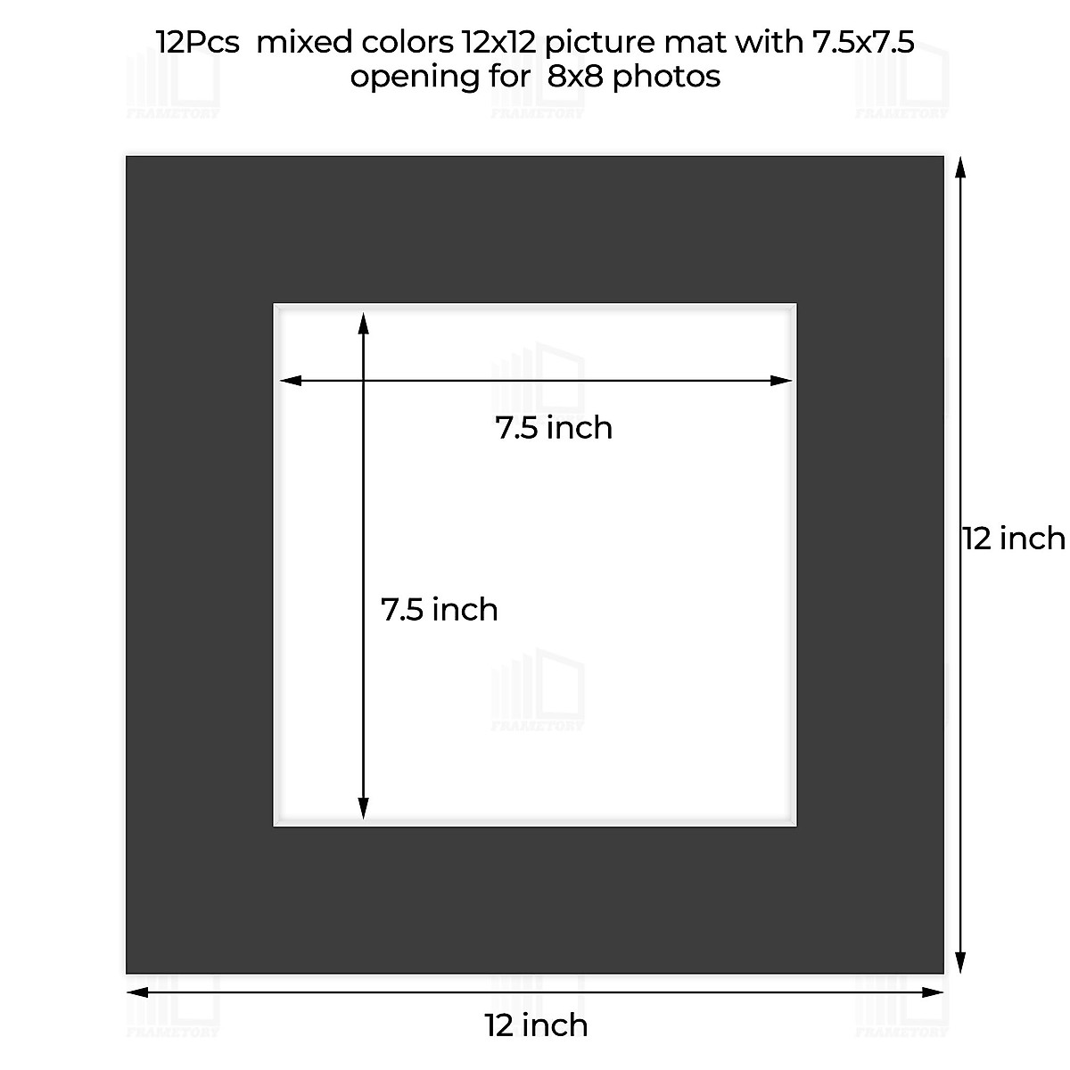 Frametory, 12x12 Black Pre-Cut Picture Mats for 8x8 Photos, Prints, Artworks - White Core Bevel Cut 7.5x7.5 Openings Acid Free Frame Mattes 1.4Mm Thickness - Pack of 12