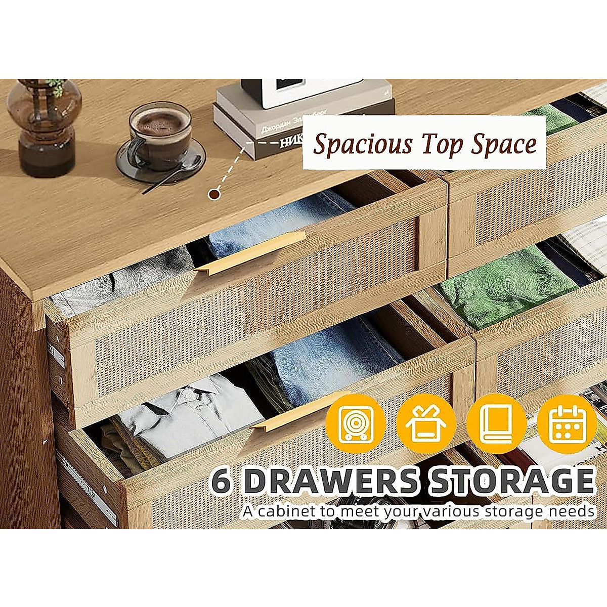 6 Drawer Double Dresser for Bedroom,Natural Rattan Modern Drawer Chest,Wooden Storage Wardrobe Dresser with Gold Handles,Floor Standing Storage Cabinet, for Entrance,Living Room,Hallway-Natural