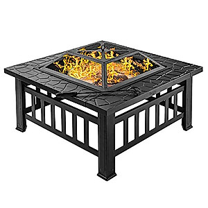 Bonnlo 32” Metal Porch Fire Pit Outdoor Square Poatable Wood Burning Table- Includes Mesh Spark Screen Top, Waterproof Cover and Poker for Camping Patio Backyard Bonfire Fireplace