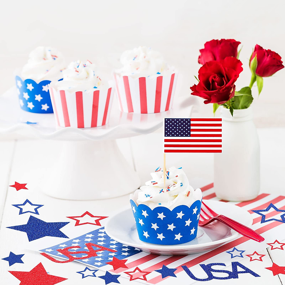Whaline 300Pcs Independence Day Confetti 4th of July Glitter Red Blue White American Flag USA Patriotic Table Confetti Twinkle Stars Table Centerpiece for National Day Memorial Day Party Decorations