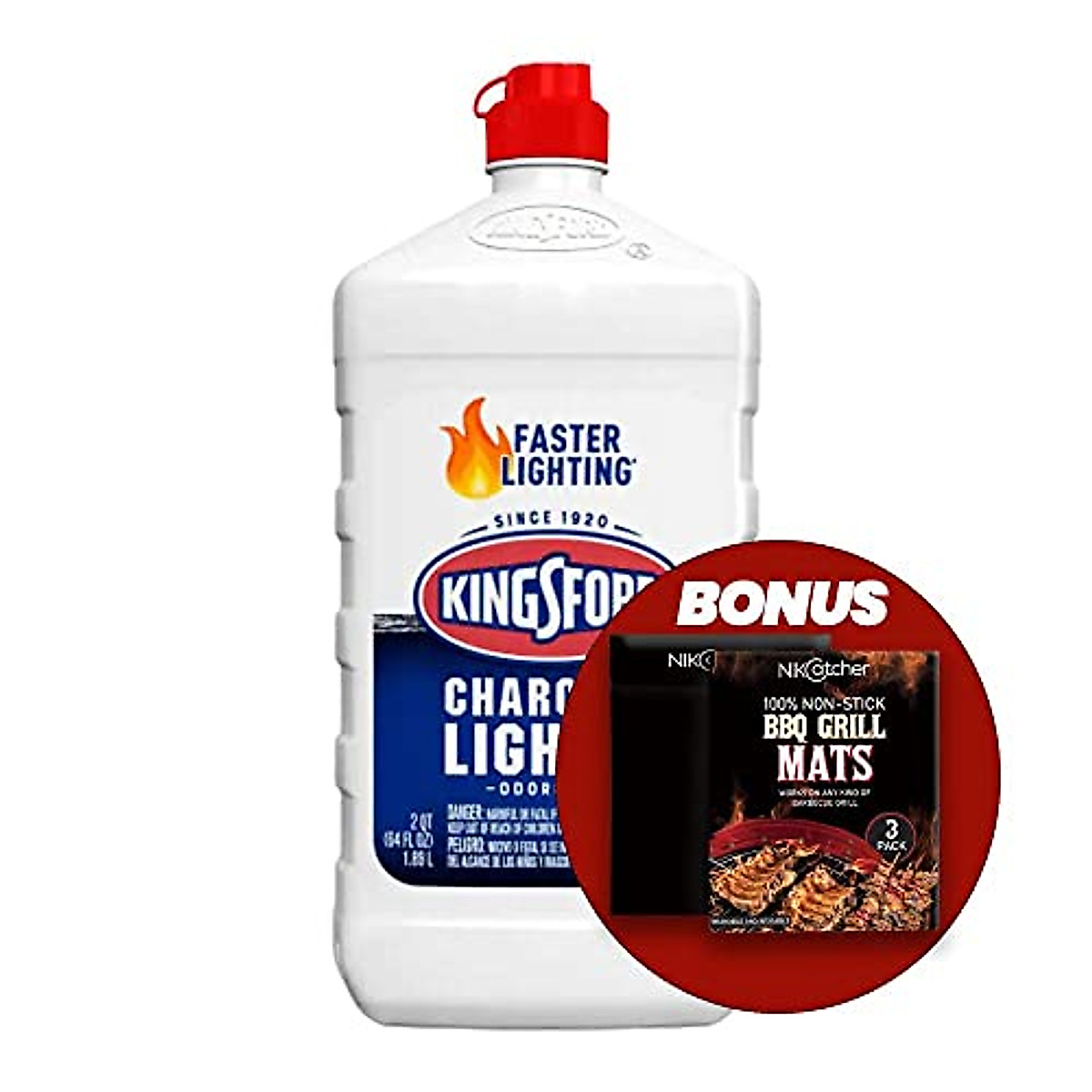 Kingsford Charcoal Lighter Fluid 64Oz with 3Pack NikCatcher Heavy Duty BBQ Grill Mats for Outdoor Grill - Non Stick, Reusable, and Easy to Clean