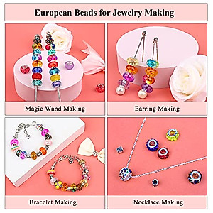 250Pcs Large Hole Beads for Jewelry Making, MONKLE 200pcs European Beads Bulk Glass Beads Rhinestones Lampwork Beads with 50+pcs Silver Spacer Beads for DIY Craft Bracelet Necklace Earring Making