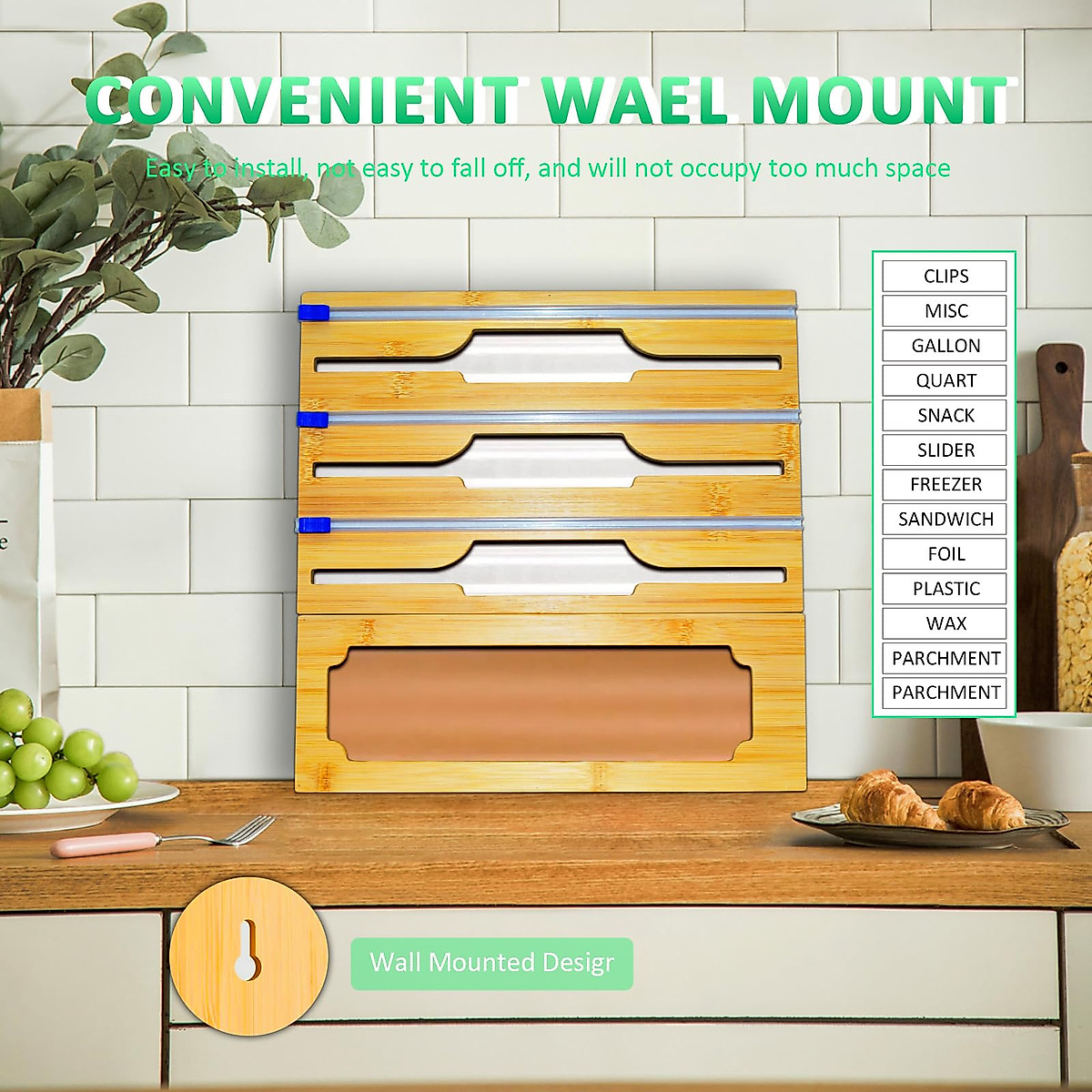 Bikerid Bamboo Wrap Dispenser with Cutter, Plastic Wrap Organizer, Aluminum Foil Organization, and Wax Paper Dispenser Holder for Kitchen Drawer and Wall, Compatible with 12" Roll