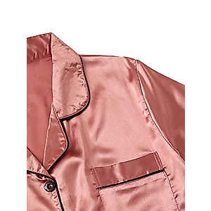 Verdusa Women's 2pc Satin Nightwear Button Front Sleepwear Short Sleeve Pajamas Set Pink M
