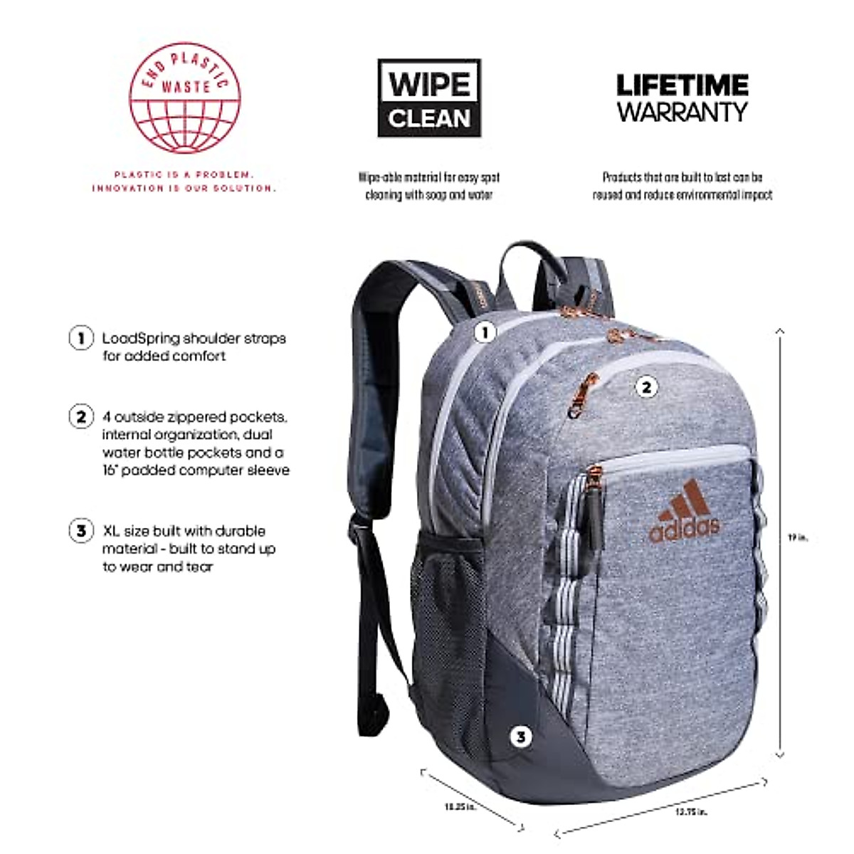 adidas Excel 6 Backpack, Jersey Grey/Onix Grey/Rose Gold, One Size