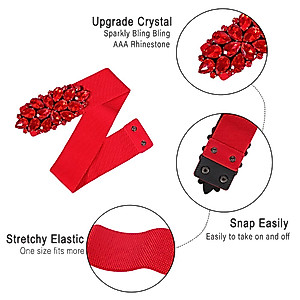Dorchid Women Rhinestone Belt Crystal Elastic Waist Floral Cummerbund for Dress (Red, XL-XXL(35~41"))