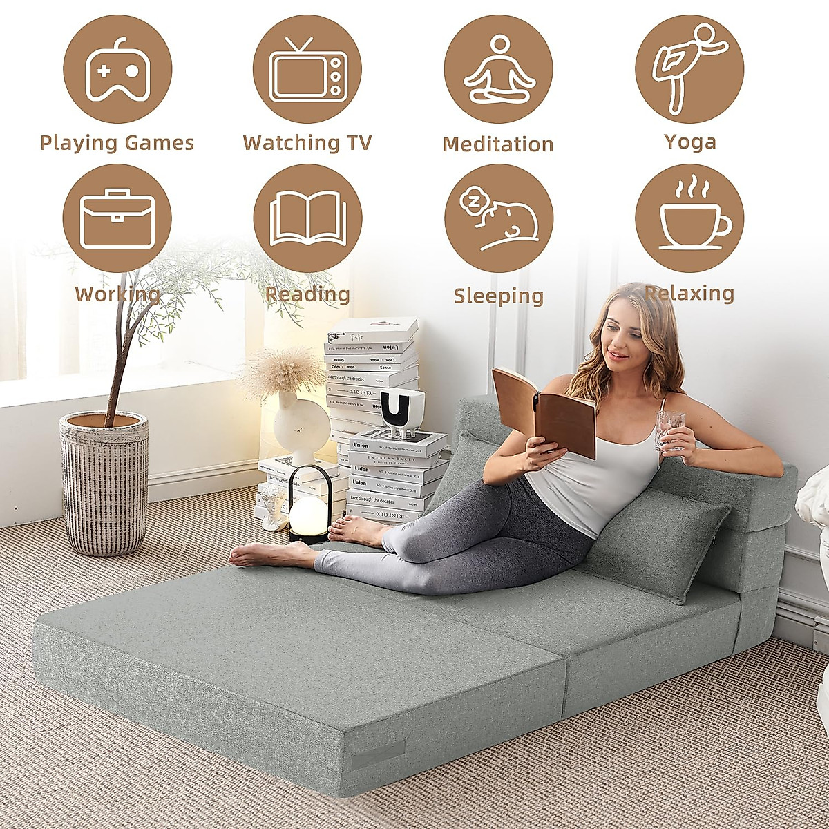 FILUXE Convertible Folding Sofa Bed-Sleeper Chair with Pillow, Modern Linen Fabric Floor & Futon Couch, Foldable Mattress for Living Room/Dorm/Guest Use/Home Office/Apartment, Full Size, Light Gray