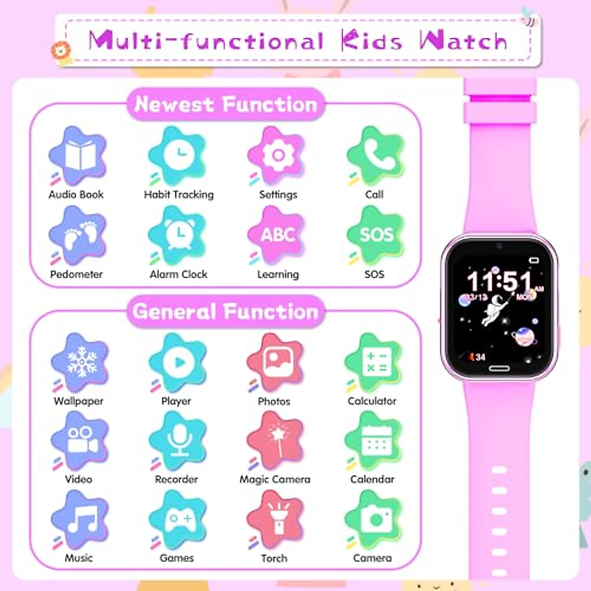 Smart Watch for Kids Gift for Girls Toys Age 6-8 Kids Game Smart Watches for Boys 8-10 with 24 Games Video Camera Music Alarm Educational Birthday Gifts Ages 6 7 8 9 10 11 12 Years Old (Purple)