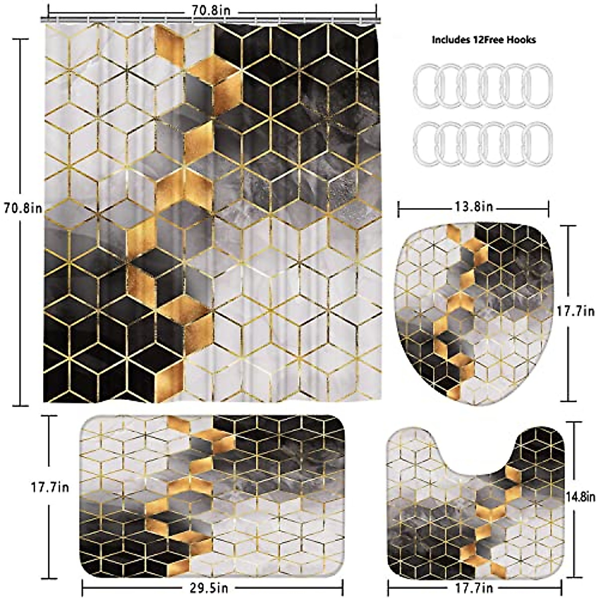 LQCOOL 4Pcs Black Gradient Shower Curtain Set,Black Marbling Shower Curtain Set Golden Cubic Lines Bathroom Set Texture Modern Art Bath Accessories with Mats