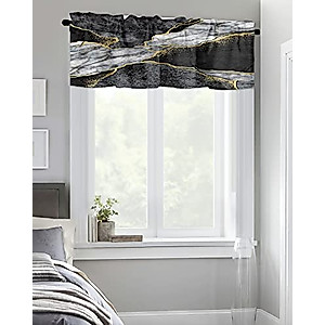 Window Curtain Valances for Kitchen Windows,Black White Marble with Gold Stripe Rod Pocket Short Window Valance Abstract Stone Agate Texture Cafe Treatment Valance for Living Room/Bedroom,42x12in