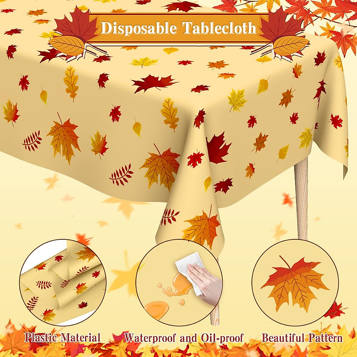 Fall Tablecloth, 2 Pcs Thanksgiving Tablecloth, Autumn Leaves Plastic Tablecloth, Rectangle Disposable Table Cover Waterproof Tablecloth Fall Themed for Holiday Dinner Party Decoration 54 x 108 inches