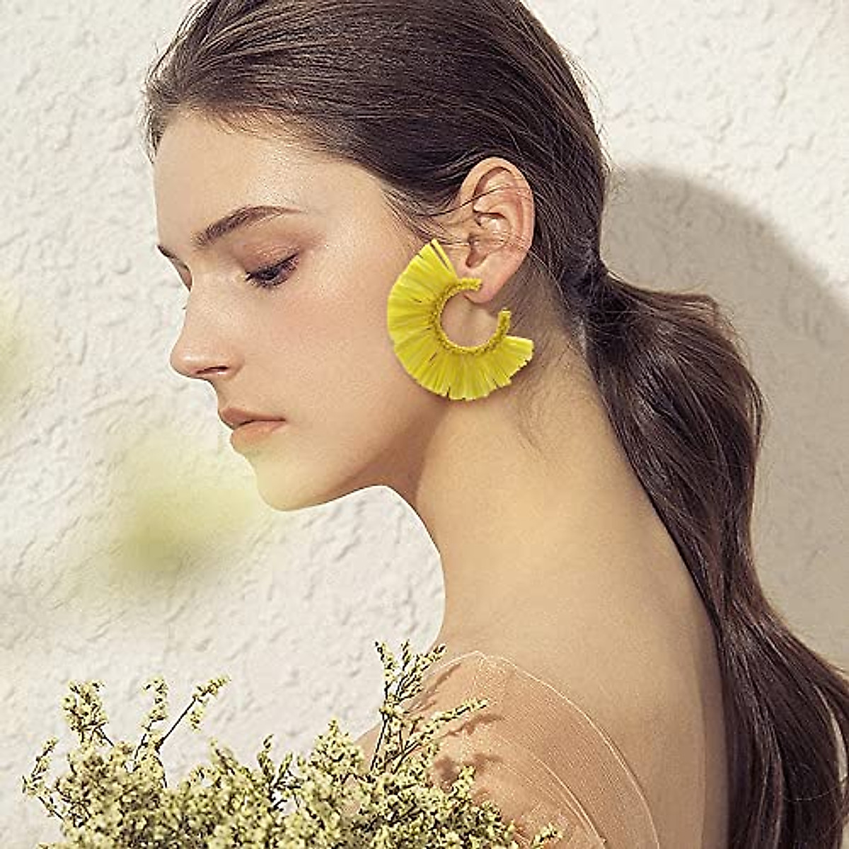 Raffia Hoop Drop Earrings for Women - Geometric C Shape Colorful Handmade Earrings, Bohemian Dangle Earrings(ER1200-Yellow)