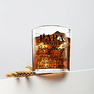 DAZLUTE Father’s Day Gifts, Papa Knows Everything Whiskey Glass, Birthday Gifts Christmas Gifts for New Dad Father Daddy Husband Men, Dad Gifts from Daughter Son Wife, 10Oz Old Fashioned Glass
