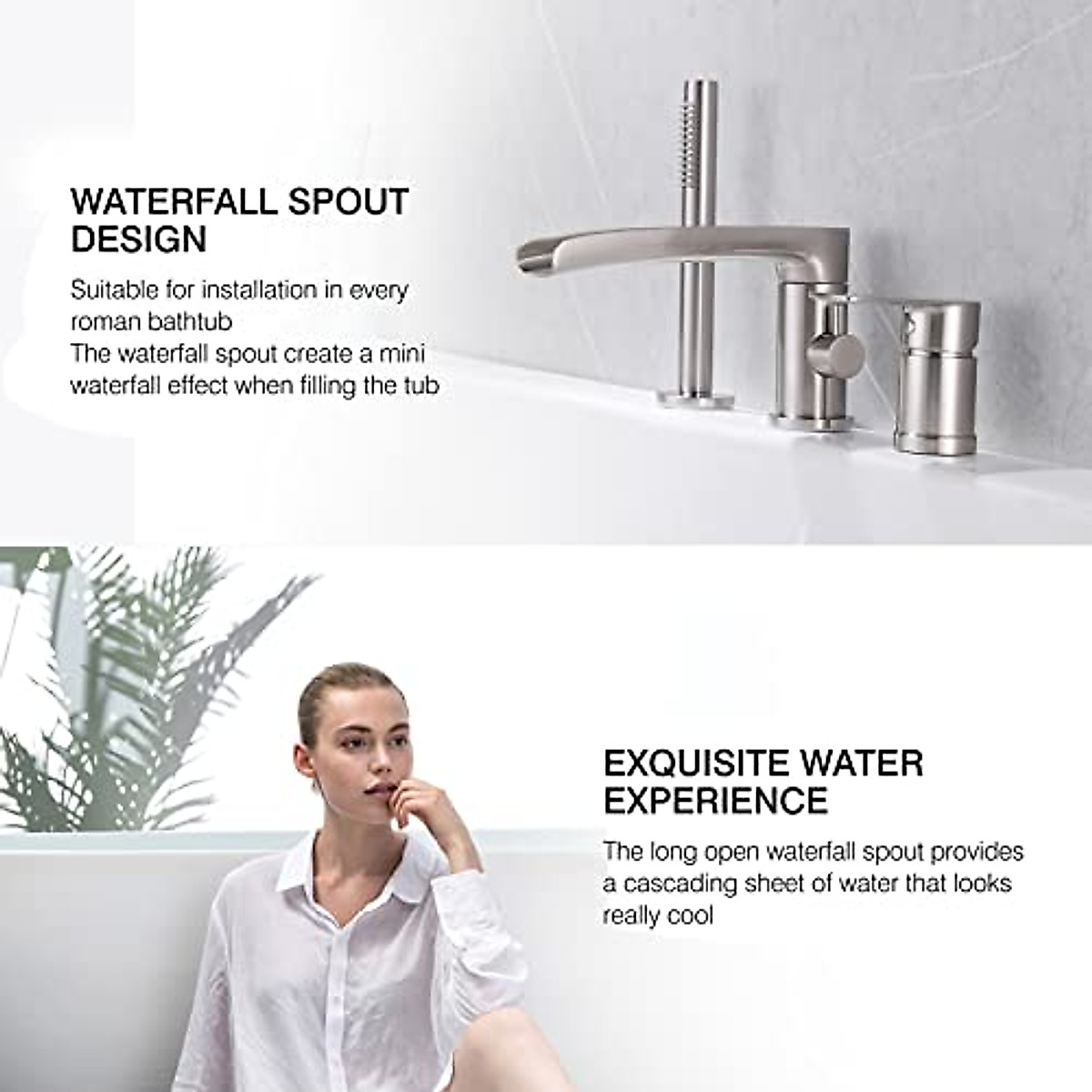 TapLong Waterfall Roman Tub Faucet with Hand Shower, Widespread Deck Mount Bathtub Faucet with Sprayer, Single-Handle 3-Holes Bathtub Shower Faucet Set in Brushed Nickel, 03119BN