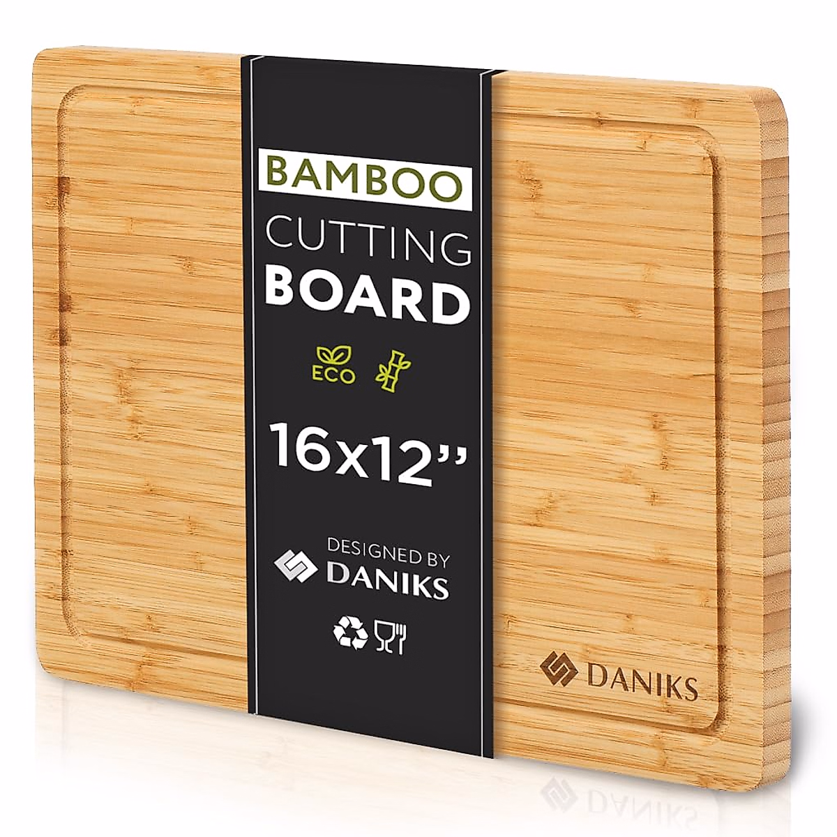 Daniks 100% Organic Bamboo Cutting Board for Kitchen | Heavy Duty Wood Chopping Board | Extra-Thick Cutting Board for Serving, Meat and Veggies | 16x12"