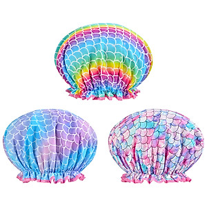 Shower Cap for Kids, 3 Pcs Kids Shower Caps for Girls, Cute Rainbow Hair Cap Wide Elastic Band, Plastic Reusable Waterproof Toddler Shower Cap, Large Bath Cap for Kids Girls Women (Mermaid)