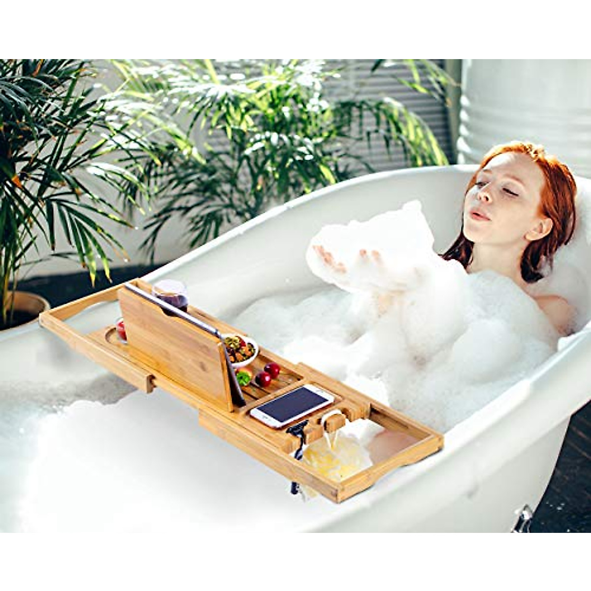 Utoplike Bamboo Bathtub Caddy Tray Bath Tray for Tub, Adjustable Bathroom Bathtub Organizer with Book Tablet Wine Glass Cup Towel Holder,Distinctive Gift (24.5"-37.4")