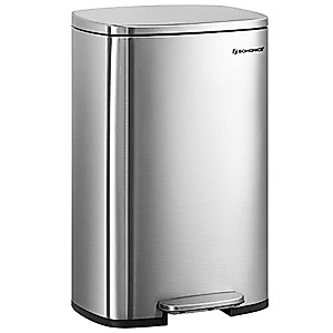 SONGMICS 13 Gallon Trash Can, Stainless Steel Kitchen Garbage Can, Recycling or Waste Bin, Soft Close, Step-On Pedal, Removable Inner Bucket, Silver ULTB050E01