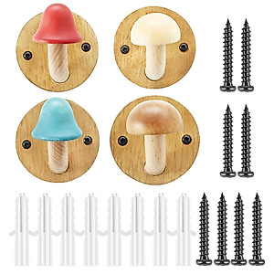 UKQRRTC 4Pcs Mushroom Wall Hooks Wood Wall Hanging Hooks Wall Mounted Towel Hooks Decorative Coat Hooks for Home Bathroom Cloakroom
