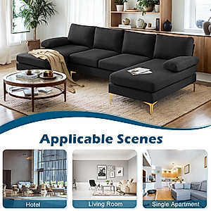 VINGLI 110" Modern U Shaped Sectional Couch with 51"D Double Chaise for Living Room, Black Deep Seat Sectional Sofa Sets with 5.9" Thickness Seating Padding for Home Furniture,Linen Fabric,Metal Legs