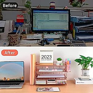 OPNICE Desk Organizers and Accessories, Paper Letter Tray Organizer with 2 Pen Holders and File Holder, File Organizer and Storage, 4-Tier Office Desk Accessories for Office Supplies(Rose Gold)