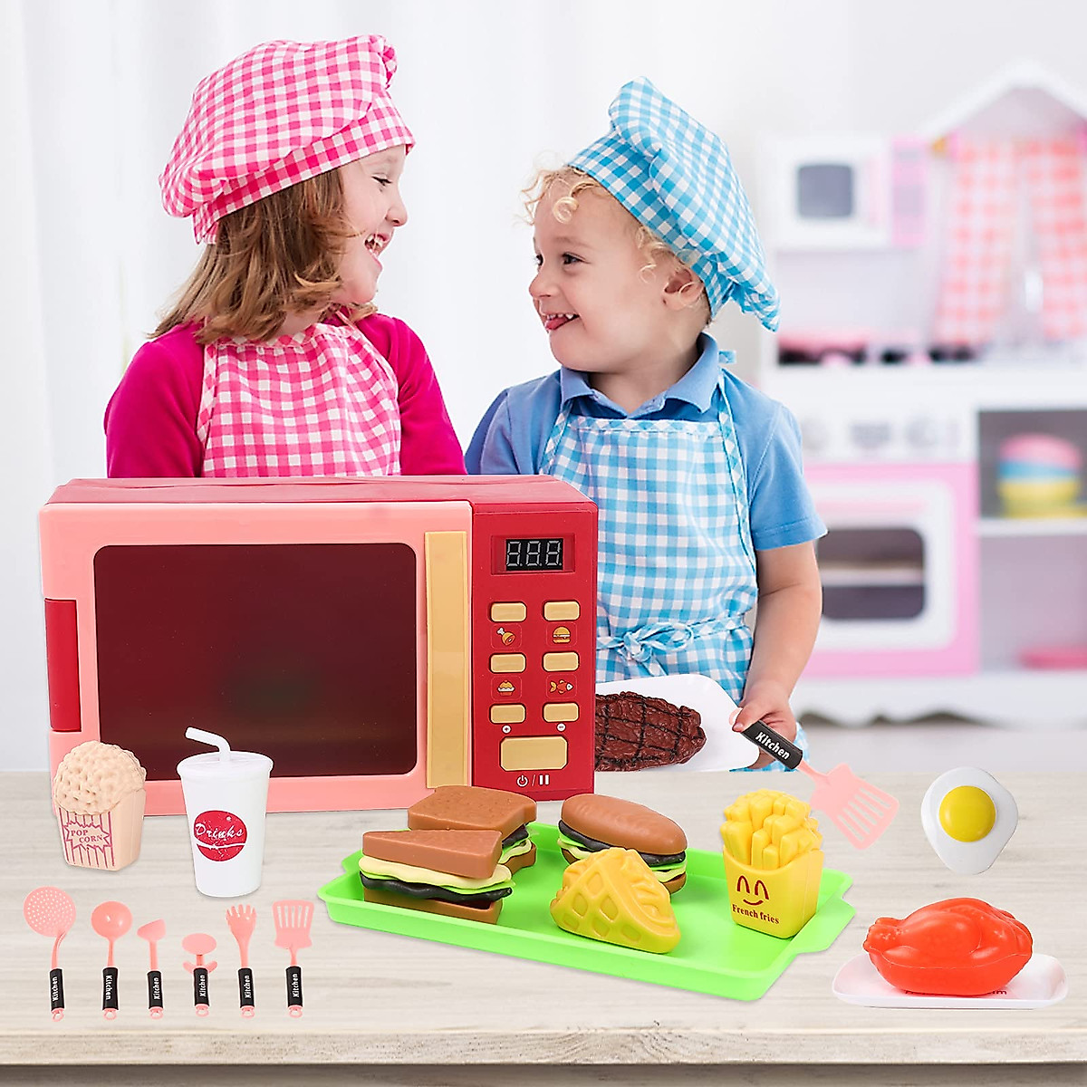 Cuterabit Toy Microwave Oven Playset with Light and Sound, Toy Kitchen Appliances for Kids, Play Kitchen Accessories and Toy Food for Toddlers 3 Year Old Up Girls Boys, Red
