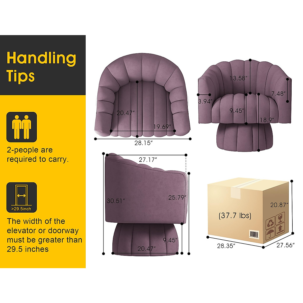 Accent Chair Mid Century 360 Degree Swivel Chair,Modern Lounge Sofa Round Barrel Chair with Wide Upholstered,Fluffy Velvet Fabric Chairs for Home Sofa Living Room/Bedroom/Waiting Room(Purple)