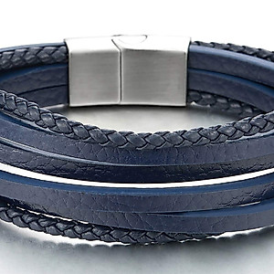 COOLSTEELANDBEYOND Mens Womens Multi-Strand Navy Blue Braided Leather Bracelet Wristband with Steel Magnetic Clasp
