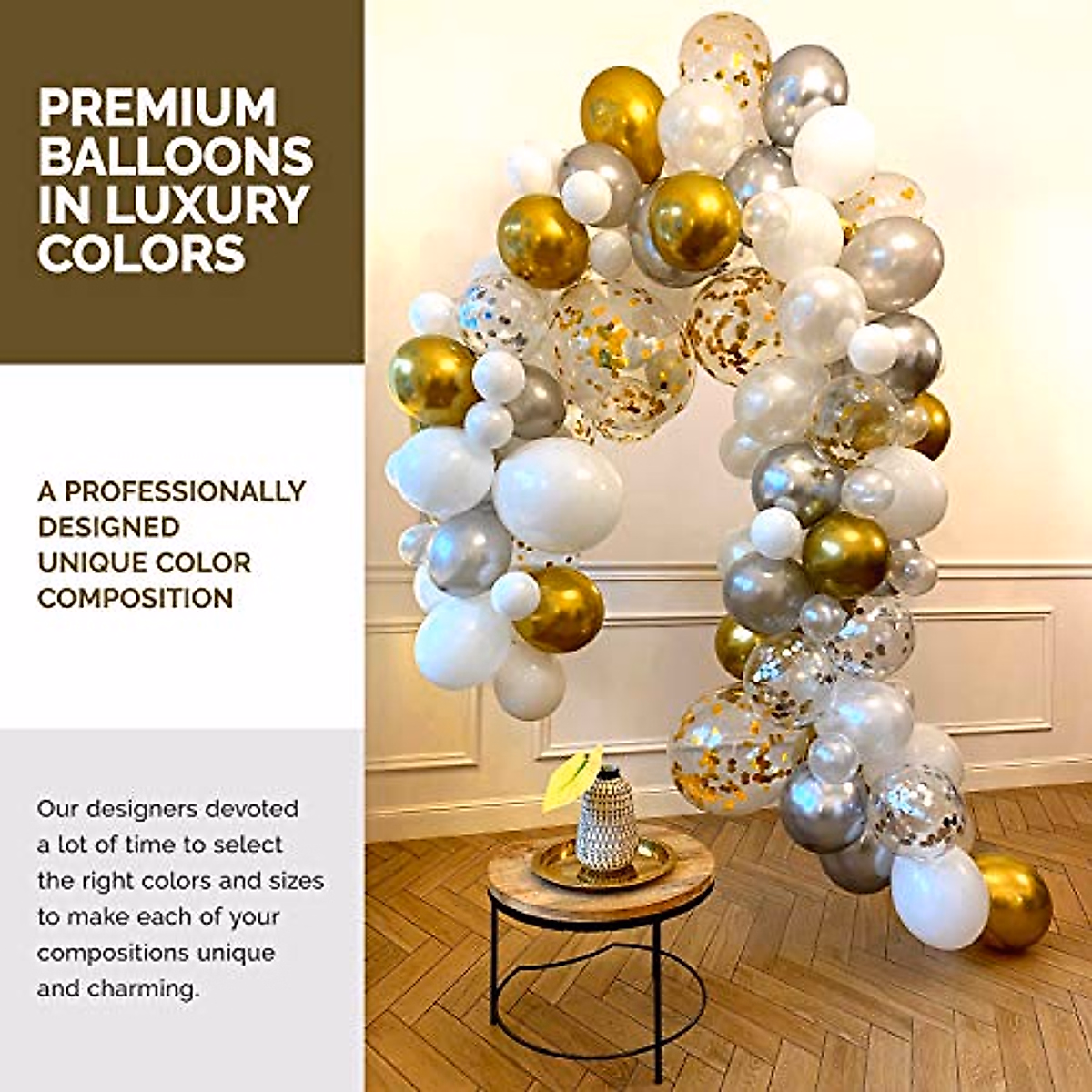 White and Gold Balloon Garland Kit with Gold Silver Confetti - Easy to Assemble 100pcs Premium White and Gold Balloons for Birthday Party - Gold and White Balloon Arch Kit for Baby Shower Balloon Arch