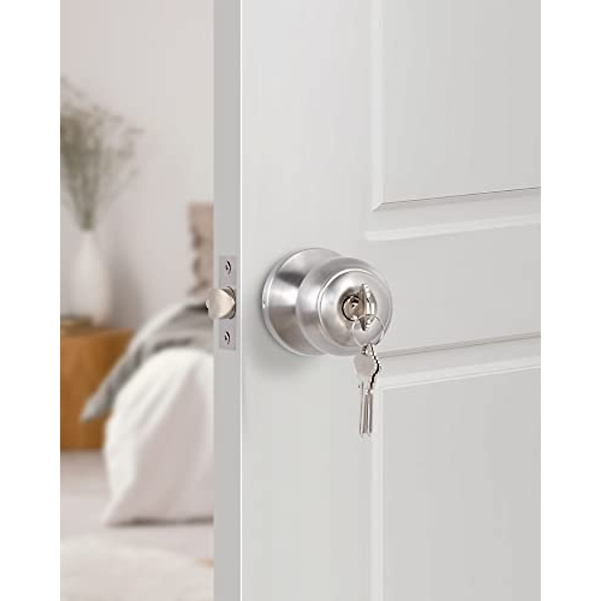 GITRANG (3 Pack Door Knobs Interior Keyed Difference Entry Front Bedroom Doorknobs with Lock Flat Ball Handle Lock Sets in Satin Nickel