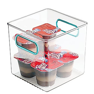 mDesign Plastic Kitchen Pantry Cabinet, Refrigerator or Freezer Food Storage Bins with Handles - Organizer for Fruit, Yogurt, Snacks, Pasta - Food Safe, BPA Free, 6" Cube, 4 Pack - Clear/Blue
