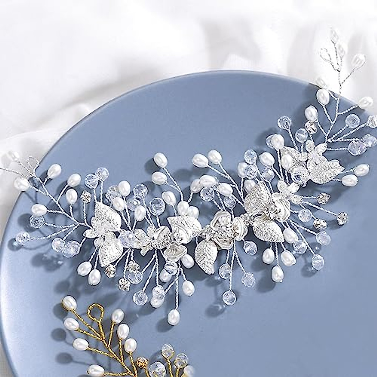 Easedaily Bride Wedding Hair Vine Silver Flower Leaf Bridal Headpieces Pearl Hair Accessories for Women and Brides