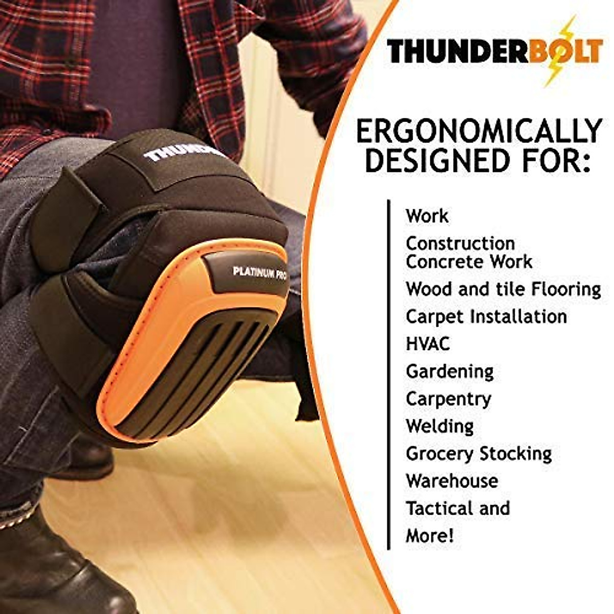 Thunderbolt Knee Pads for Men Construction Knee Pads for Work Knee Pads for Men and Women Gel Knee Pads Gardening Flooring Roofing Heavy Duty Gel Knee Pads Thick Foam Strong Adjustable Non-Slip Straps