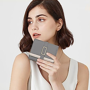 Small wallet for women RFID Trifold Ladies Wallets Vegan Leather Womens Wallet with ID Window Zipper Coin Pocket (grey white)