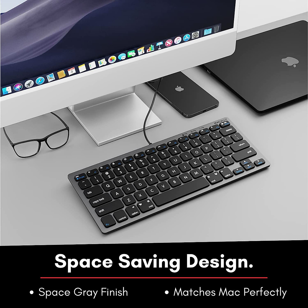 Macally Small USB Wired Keyboard for Mac and Windows - 78 Scissor Keys, 13 Shortcut Compatible Apple Keyboard - Mini Compact USB Computer Keyboard That Saves Space and Looks Great - Space Grey