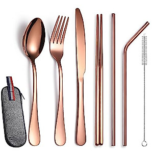 7 Piece Stainless Steel Portable Tableware Set Knife Fork Spoon Chopsticks Straw And Brush Products Travel Cutlery Set