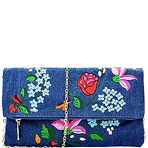 Flower Embroidery Fold-Over Clutch Denim with Chian Strap