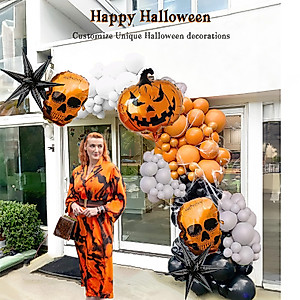 Fall Halloween Balloon Garland Kit 122Pcs Orange Sand White Black Grey with Skull Pumpkin monster Star mylar foil Balloons Arch Party Decoration for Birthday Party and Baby Shower