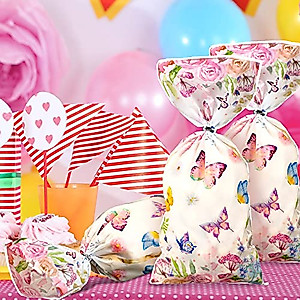 Pajean 100 Pcs Butterflies Cellophane Treat Bags Watercolor Flowers Butterfly Printed Goodie Candy Favor Bags with 100 Twist Ties for Butterfly Girls Birthday Baby Shower Summer Themed Party Supplies