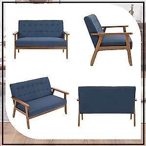 Dolonm Mid Century Modern Loveseat, Small Loveseat Sofa with Wood Frame, Linen Loveseat for Small Space, Settee Loveseat Bench for Bedroom, Button Tufted Oversized Living Room Armchair, Navy