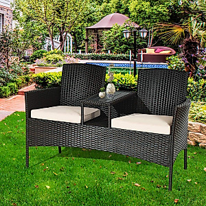 RELAX4LIFE Conversation Furniture Set with Table and Two Removable Cushions Rattan Wicker Chairs and Table Set for Patio,Garden, Baloney and Lawn Outdoor Porch Furniture Sets Loveseat(Brown+Beige)