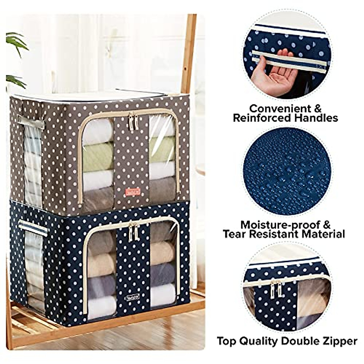 Oxford Fabric Storage Box with Steel Frame,Foldable Stackable Container Organizer with Large Window & Carry Handles Bedroom Closet Organization for Clothes Bedding Sheets Blanket Pillow
