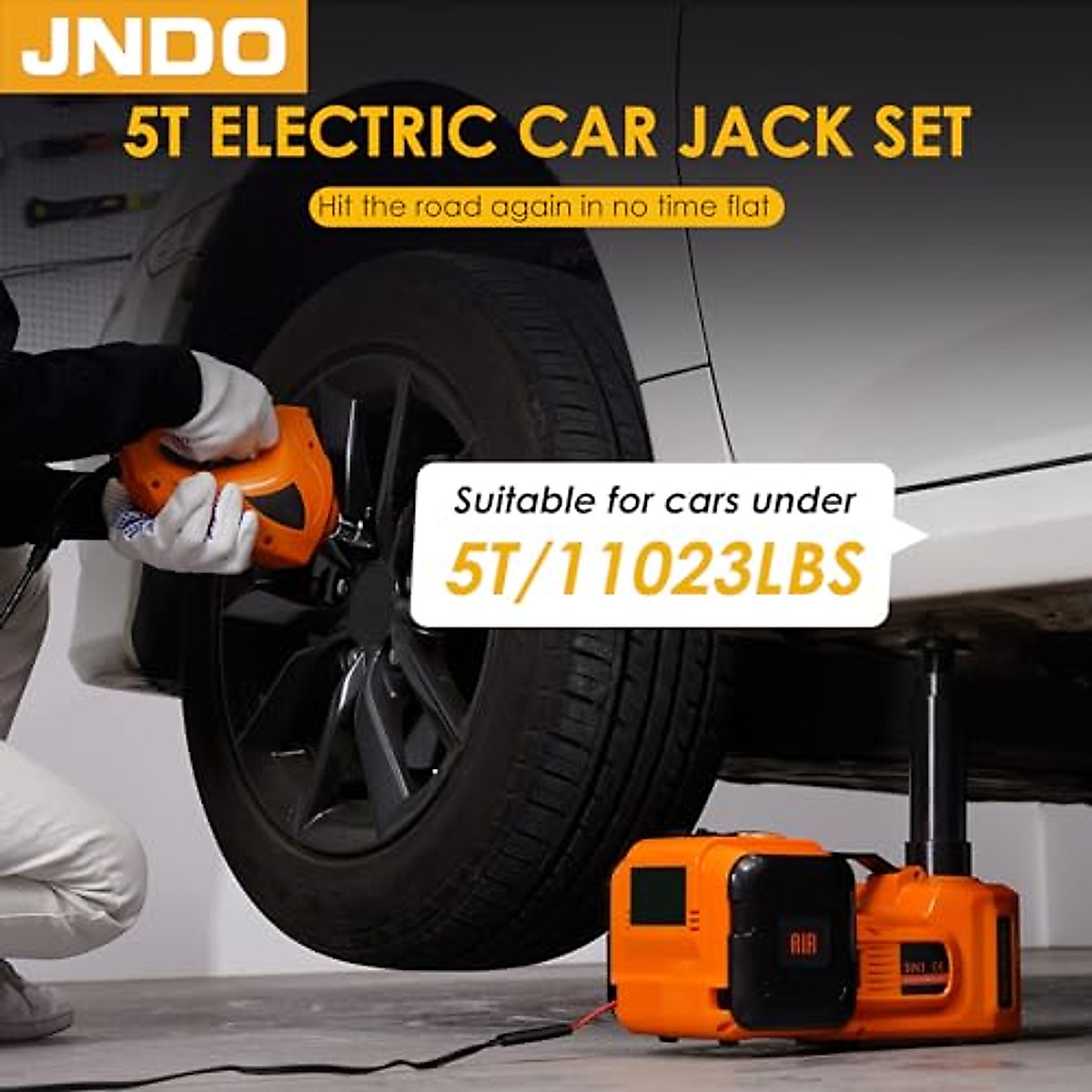 JNDO Electric Car Jack Kit 5 Ton Lifting Range 6.1 to 17.7 Inch Car Jack Hydraulic with Electric Wrench Floor Jack Built-in Inflatable Pump and Led Light Red