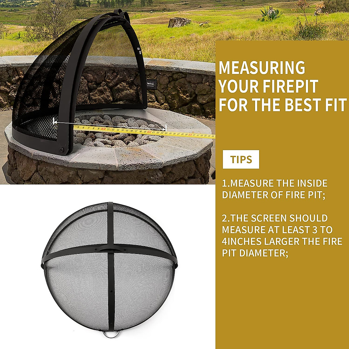 Outdoor Fire Pit Spark Screen Cover Accessory, 36In Patio Round Easy-Opening Fire Mesh Screen Guard, Heavy Duty Steel Firepit Ember Lid with Hinge