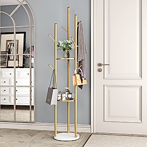 DOORXIFO Metal Gold Coat Racks Freestanding, Coat Hanger Stand, Hall Tree Coat Rack for Hanging Hats, Scarves, Bags, Modern Coat Rack with Double Shelves, Corner Coat Rack, 9 Hooks, Gold