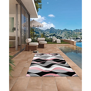 Pink Black Outdoor Rugs for 6'x9' Patios Clearance, RV Camping Mat Rug Portable Outside Rug Indoor Outdoor Area Rug Mat for Beach Deck Pool Geometric Contemporary Grey White Stripe