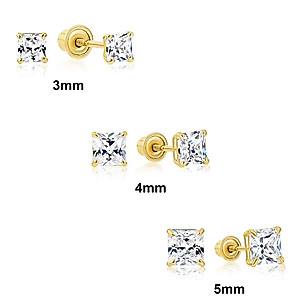 14k Yellow Gold Solitaire Square Princess-cut CZ Stud Earrings with Secure Screw-backs (4mm)…
